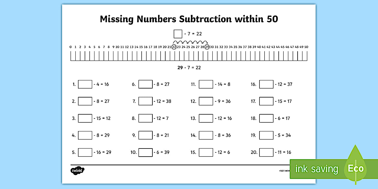 Editable Missing Numbers Subtraction within 50 Worksheet