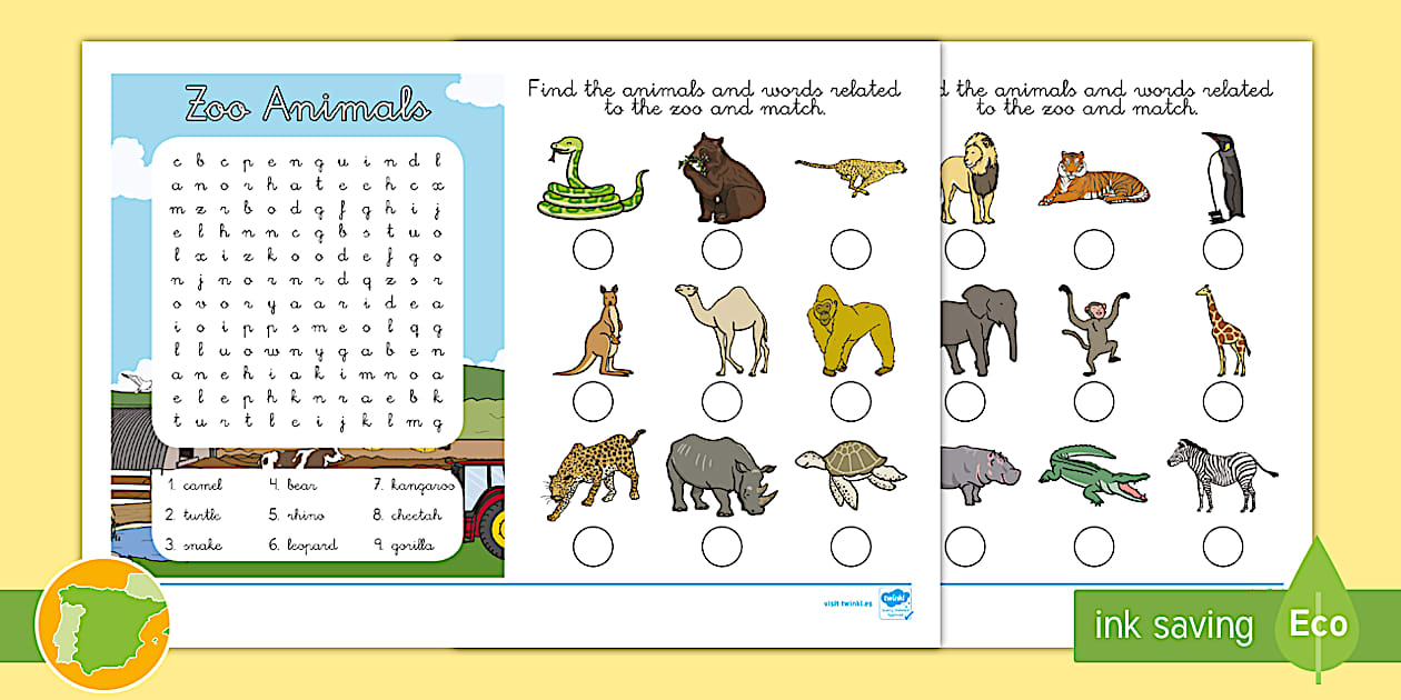 A2 Sopa de letras: Animales del zoo en inglés - Twinkl