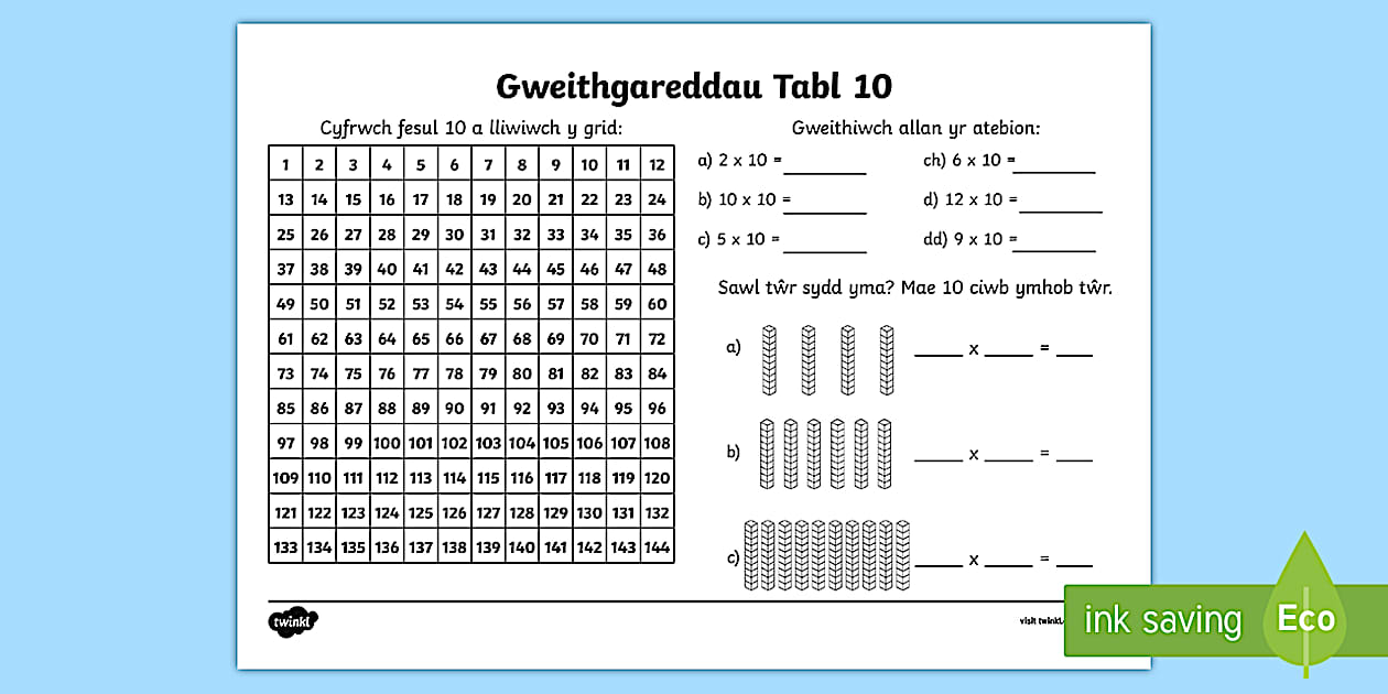 Taflen Weithgaredd Tabl 10 (teacher made) - Twinkl
