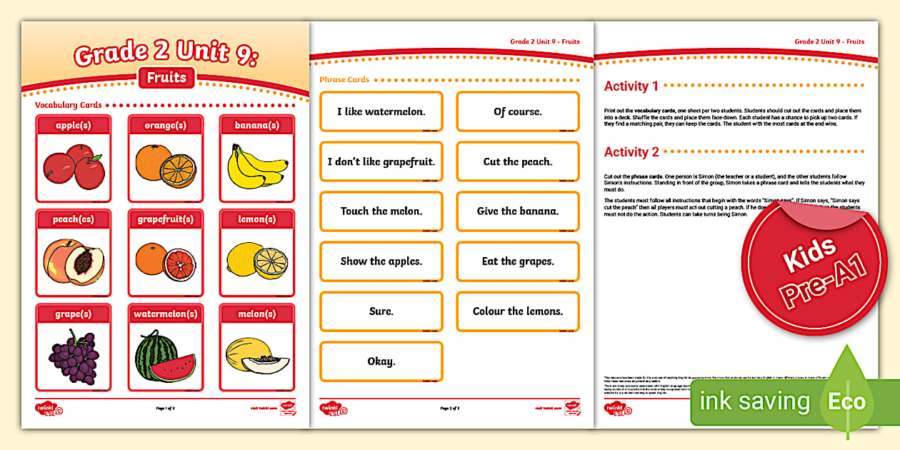 Turkey Curriculum English Vocab Cards Grade 2 Unit 9 (Fruit)