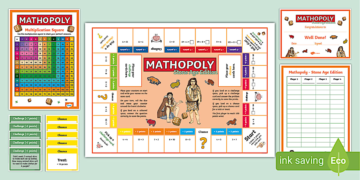 Stone-Age Themed Times Table Mathopoly Game - Twinkl