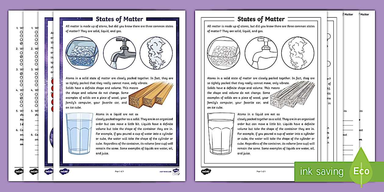 5th Grade Science Matter Comprehension Activity | Twinkl USA
