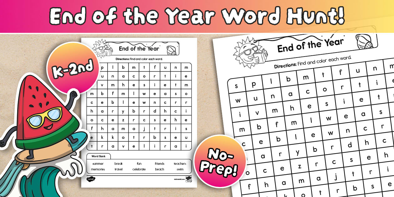 End of the Year Word Hunt: Find and Color Worksheet - Twinkl