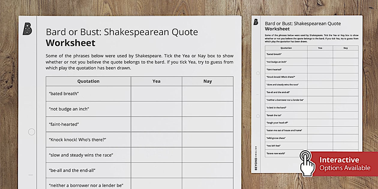 Bard or Bust: Shakespearean Quote Worksheet (teacher made)