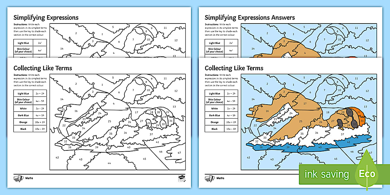 Combining Like Terms Colouring Activity PDF | Algebra