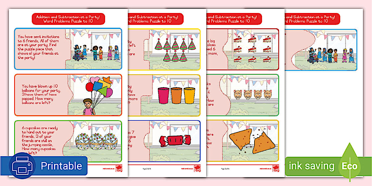 Grade R: Word Problems Puzzle At a Party (teacher made)