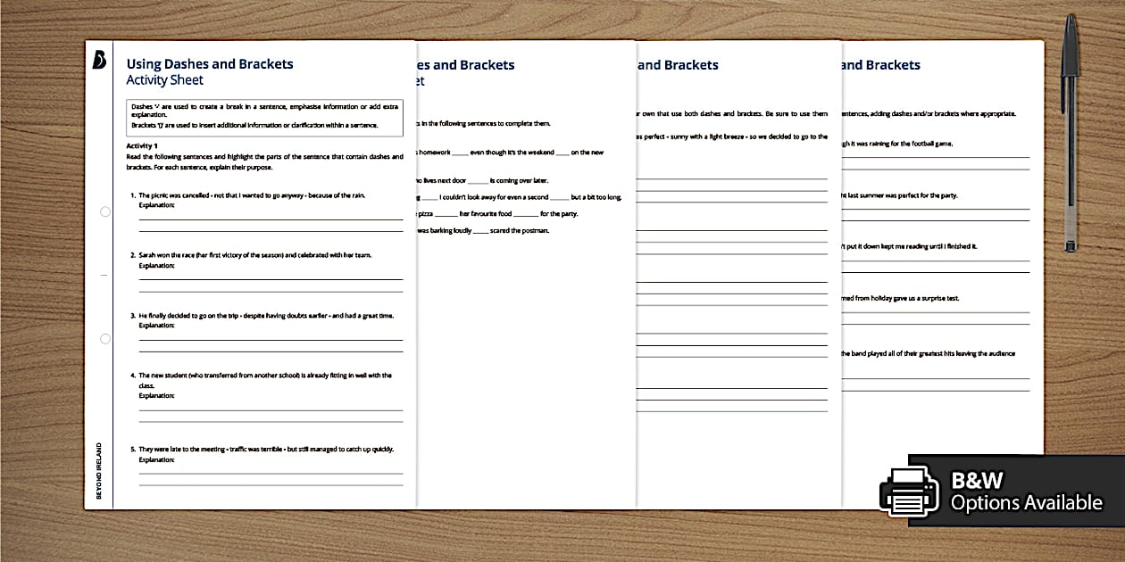Using Dashes and Brackets Activity Sheet