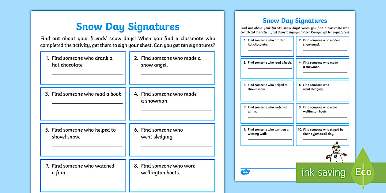 KS1 Snow Day Signatures Activity (teacher made) - Twinkl