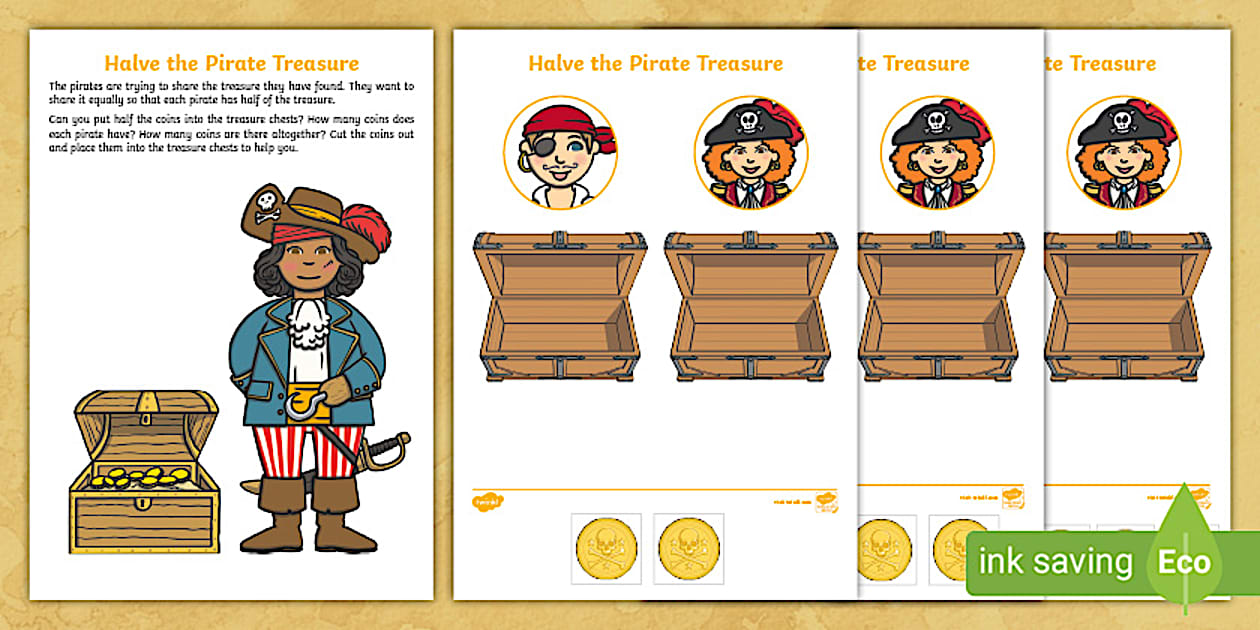EYFS/KS1 Halving Pirate Treasure | Halving EYFS Worksheet