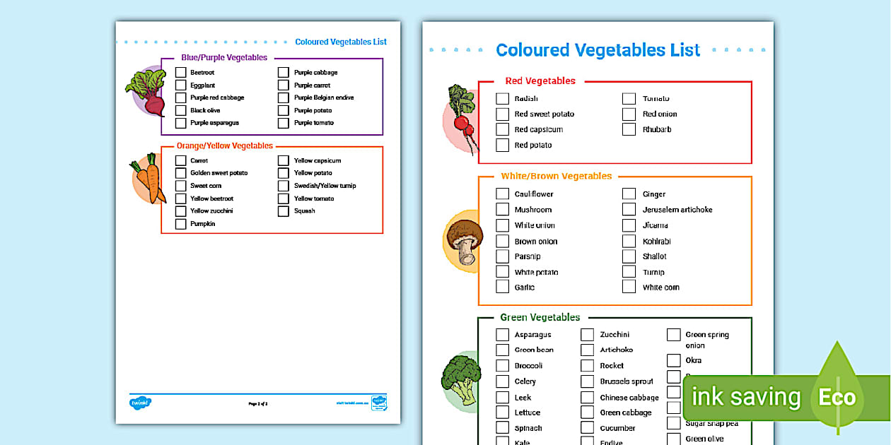 Coloured Vegetables Healthy Eating List - Parents - EYLF