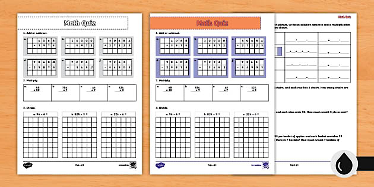 Grade 4 Math Assessment: Add, Subtract, Multiply, Divide