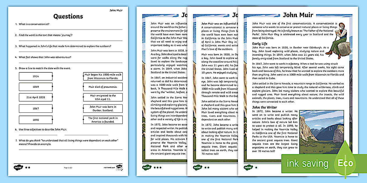 Higher Ability John Muir Differentiated Reading Comprehension Activity