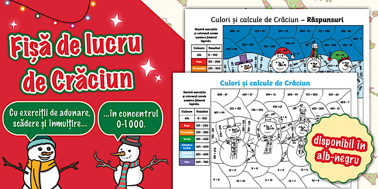 Exerciții cu numere în concentrul 0 - 1000 – Fișă de Crăciun