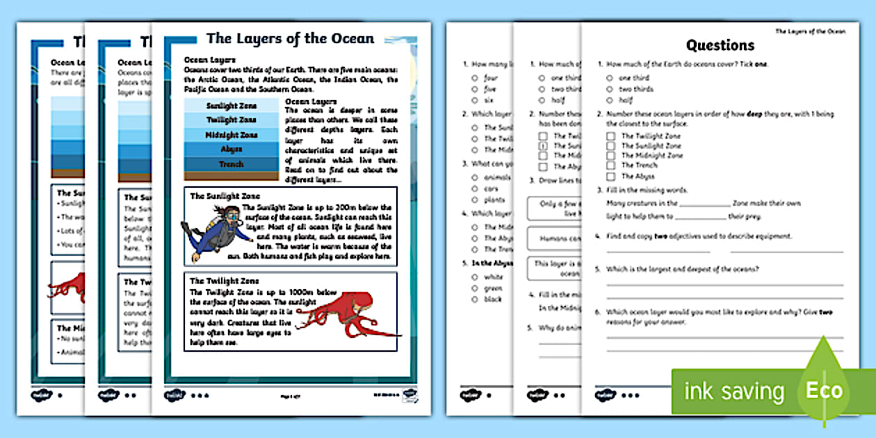 KS1 Layers of the Ocean Reading Activity | Differentiated