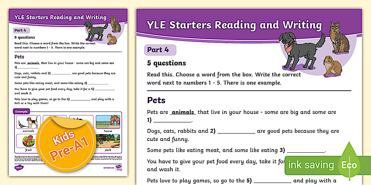 YLE Starters - Reading and Writing Part 4 (Pets) - Twinkl