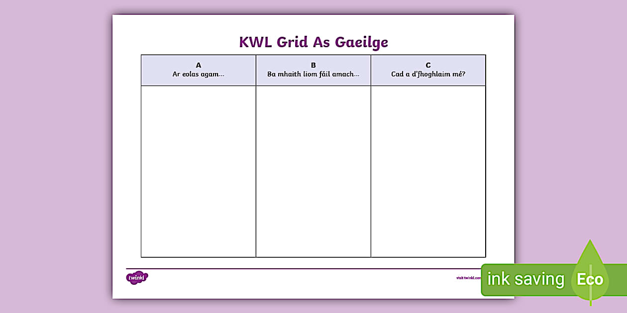 KWL Grid As Gaeilge (teacher made) - Twinkl