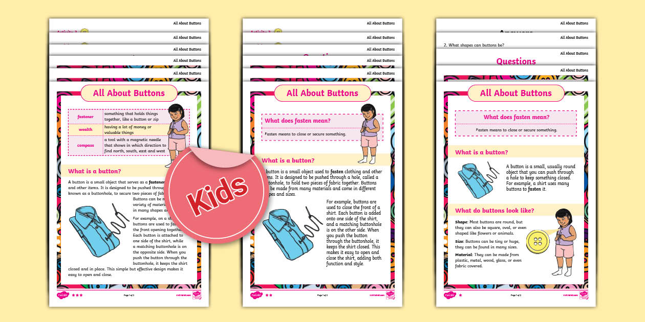 ESL All About Buttons Differentiated Reading Comprehension [Kids]