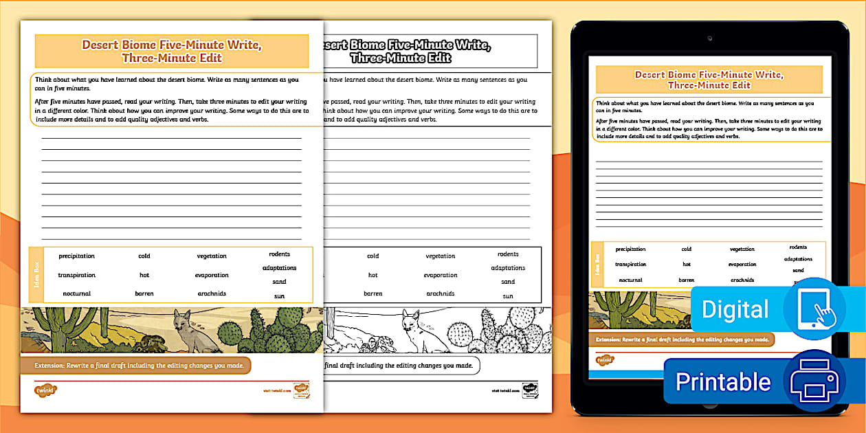 Desert Biome Five-Minute Write Three-Minute Edit Worksheet