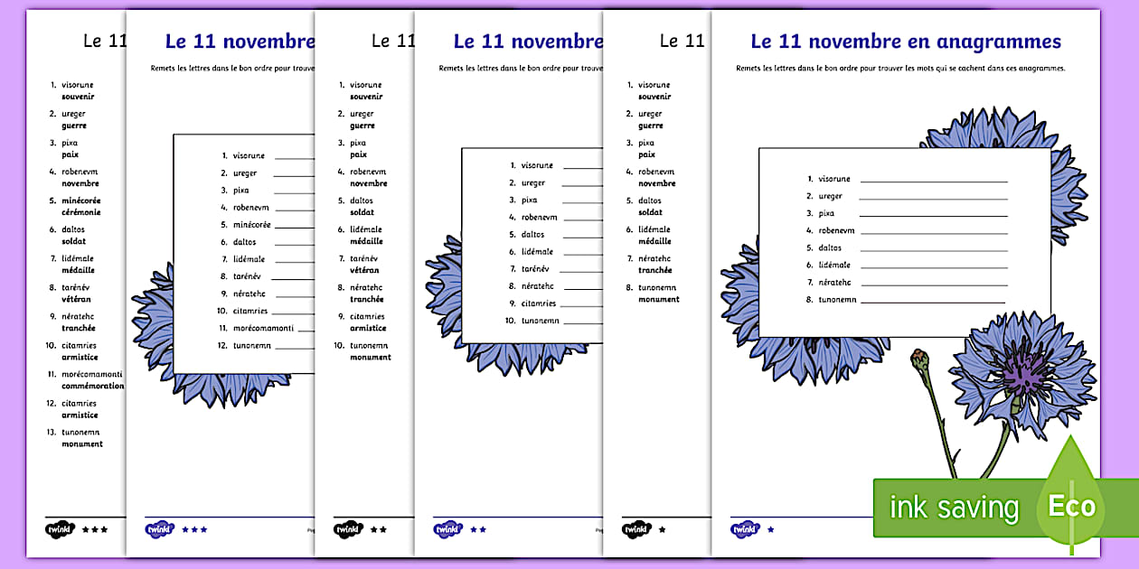 Feuille d'activités : Le 11 novembre en anagrammes - Twinkl