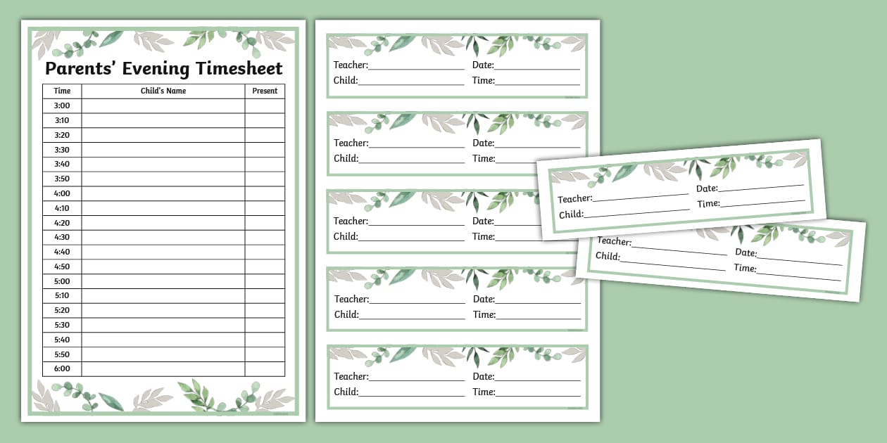 Botanical-Themed Parents Evening Appointment Slips and List