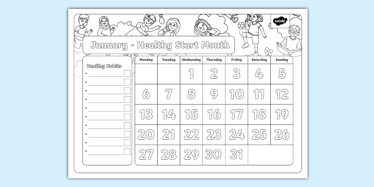 January Healthy Start Colouring Calendar Activity - Twinkl
