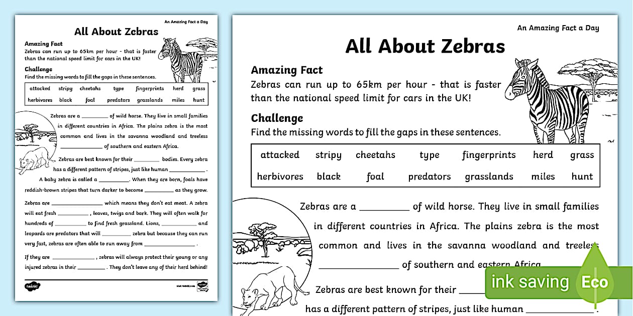 Cloze Procedure About Zebras Worksheet,zebra (teacher made)