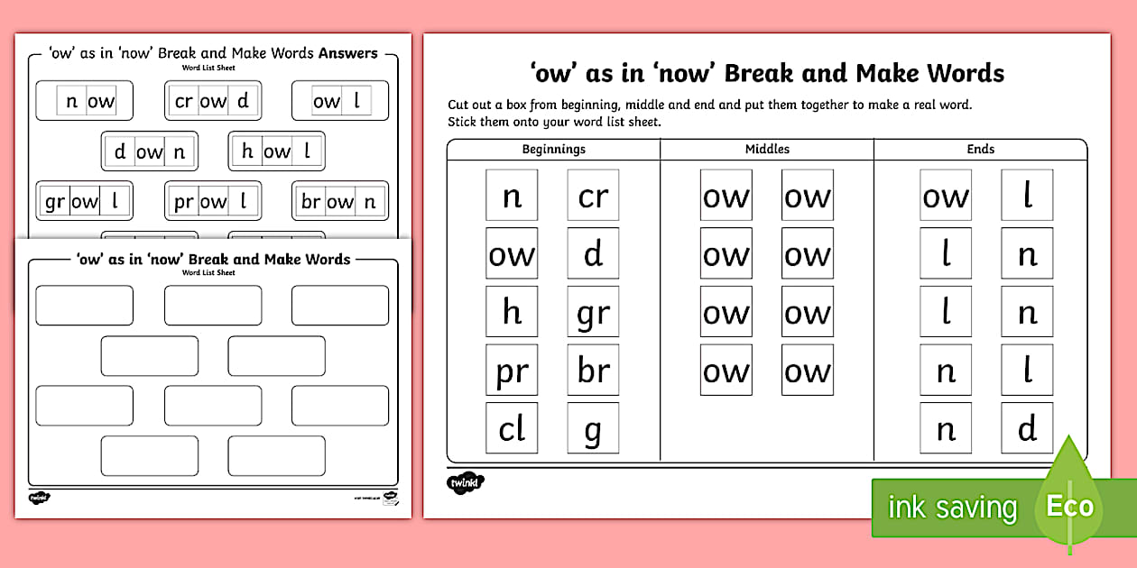'ow' as in 'now' Sound Break and Make Worksheet - Twinkl