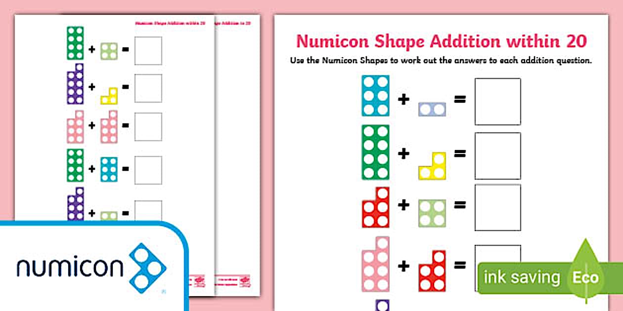 Numicon Shapes Addition within 20 Worksheets - Twinkl