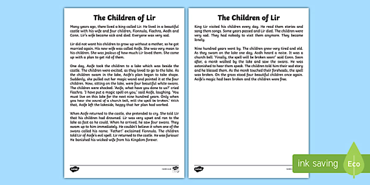 Children of Lir Story Sheet - Twinkl Ireland Resources