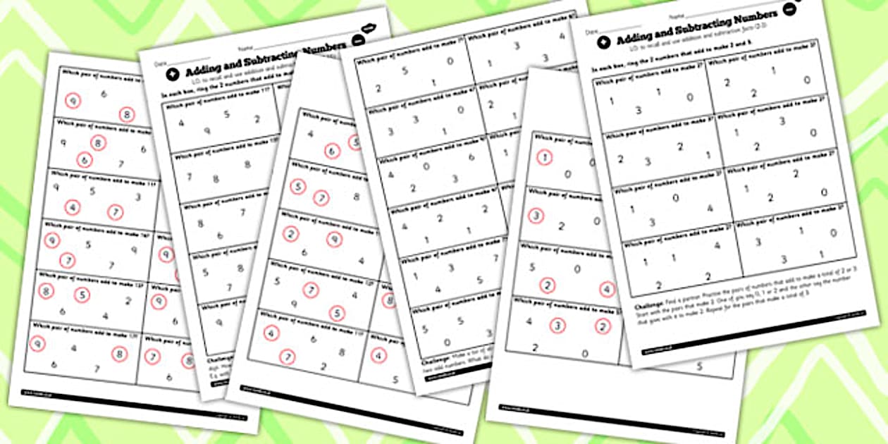 Mixed Number Facts to 20 Finding Pairs Worksheet Pack - pack