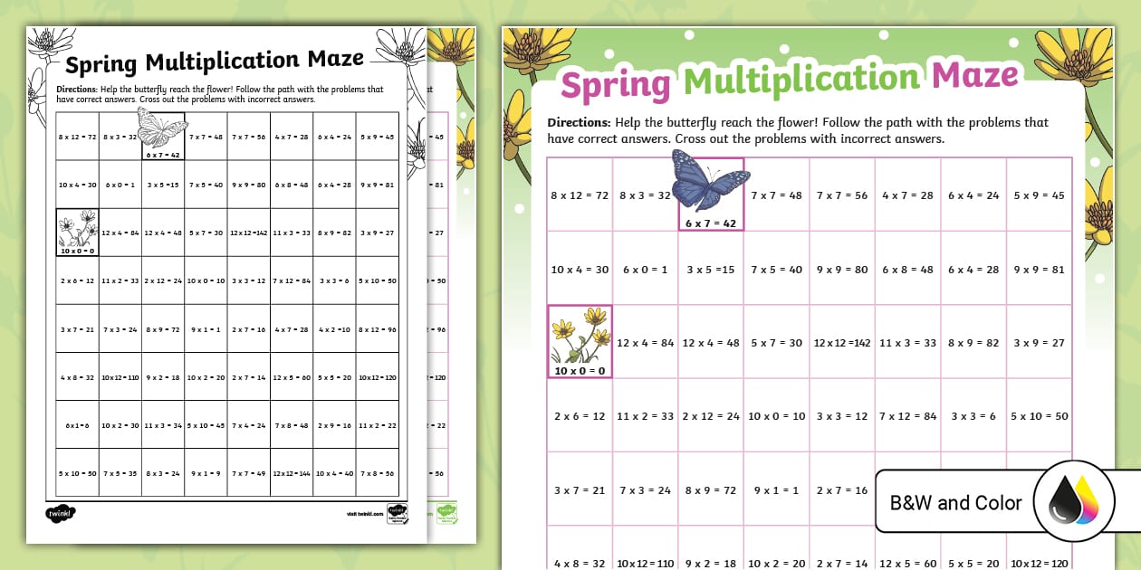 Spring Multiplication Math Facts Maze for 3rd-5th Grade