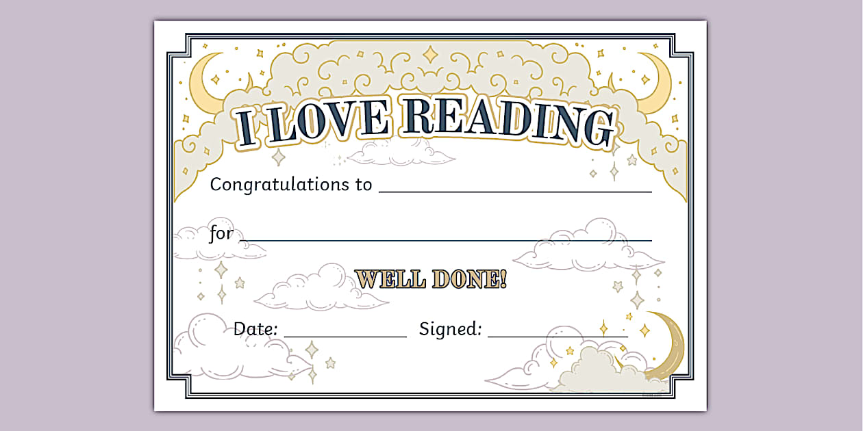 Celestial-Themed I Love Reading Certificate - Twinkl