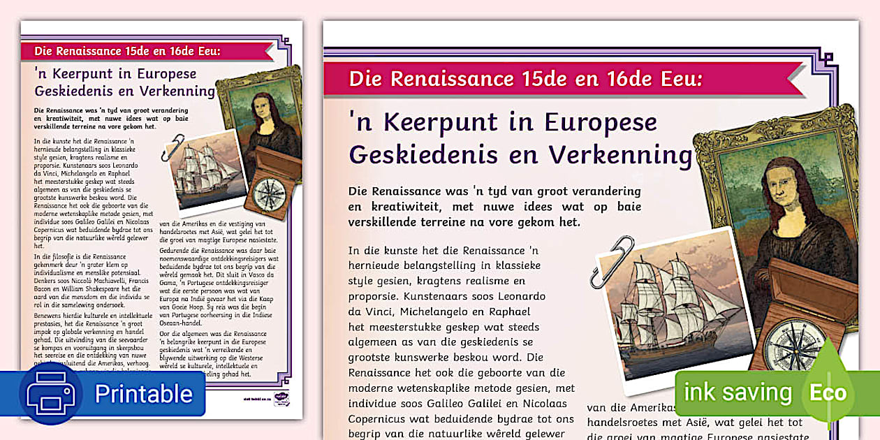 Die Renaissance 15de en 16de Eeu: 'n Keerpunt in Europese Geskiedenis en