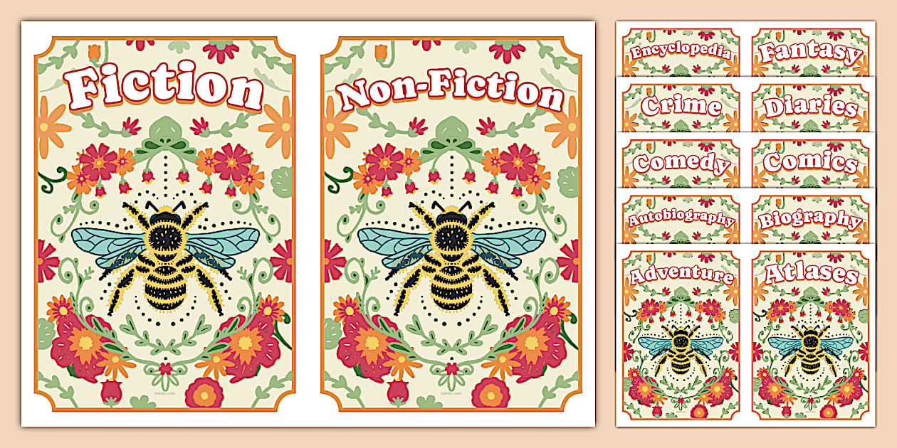 Marigold Bee-Themed Book Genres Display Labels - Twinkl