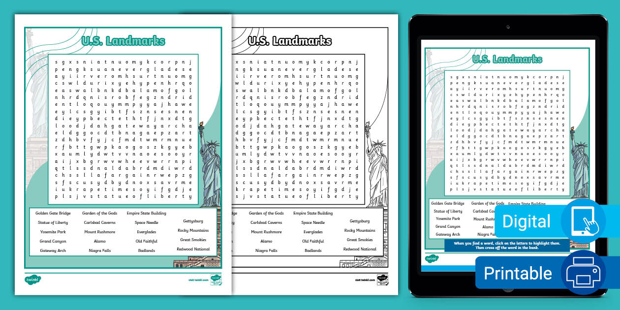 U.S. Landmarks Word Search for 6th-8th Grade - Twinkl