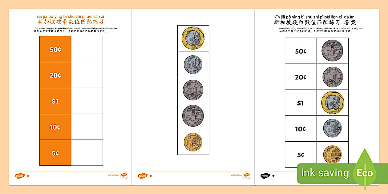 *Singapore Mandarin Money Match Differentiated Worksheet*