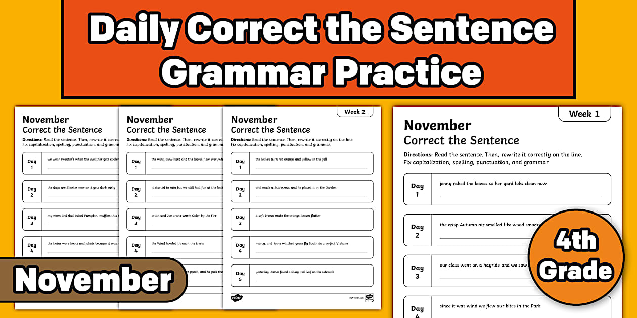 Fourth Grade November Daily Correct the Sentence Grammar