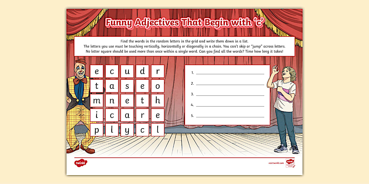 Funny Adjectives That Begin with 'c' Word Grid Game