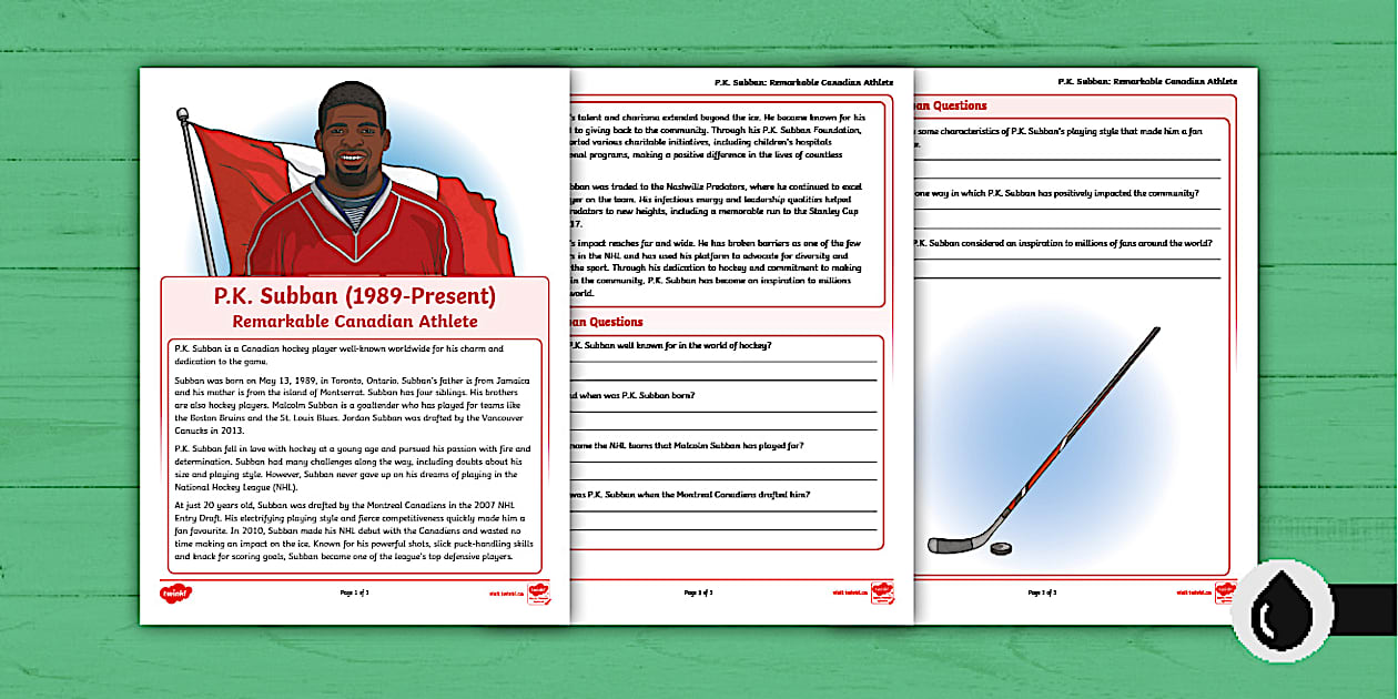 P.K.Subban Remarkable Canadian Athlete Reading Comprehension