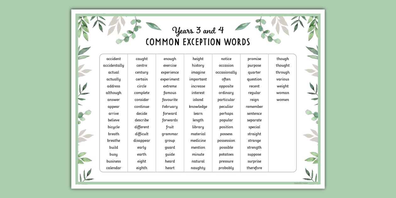 Botanical-Themed Years 3 and 4 Common Exception Words Word Mat
