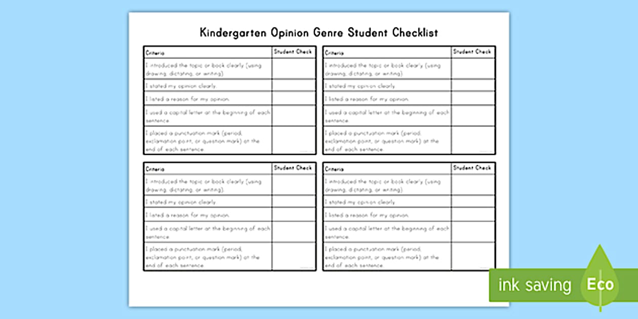 Kindergarten Opinion Writing Genre Student Checklist