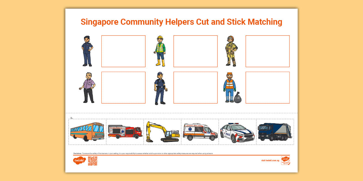 Singapore Community Helper Cut & Stick Matching - Twinkl