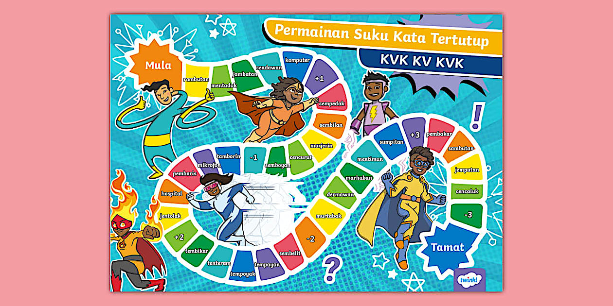 Papan Permainan Suku Kata Tertutup - KVK KV KVK - Twinkl