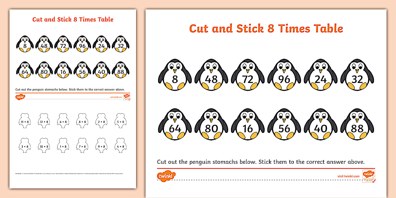 👉 Cut and Stick 8 Times Table Penguin Activity - Twinkl