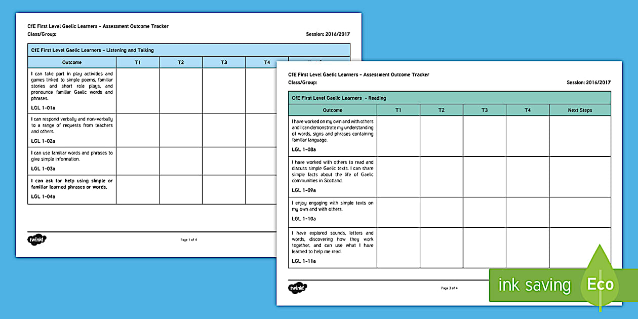 CfE First Level Gaelic Learners Experiences & Outcomes Assessment Tracker