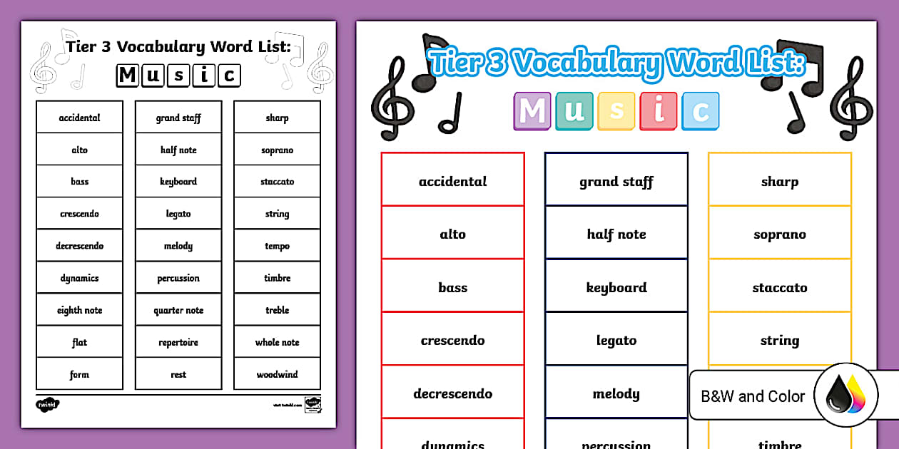 Tier 3 Vocabulary Word List: Music for 3rd-5th Grade