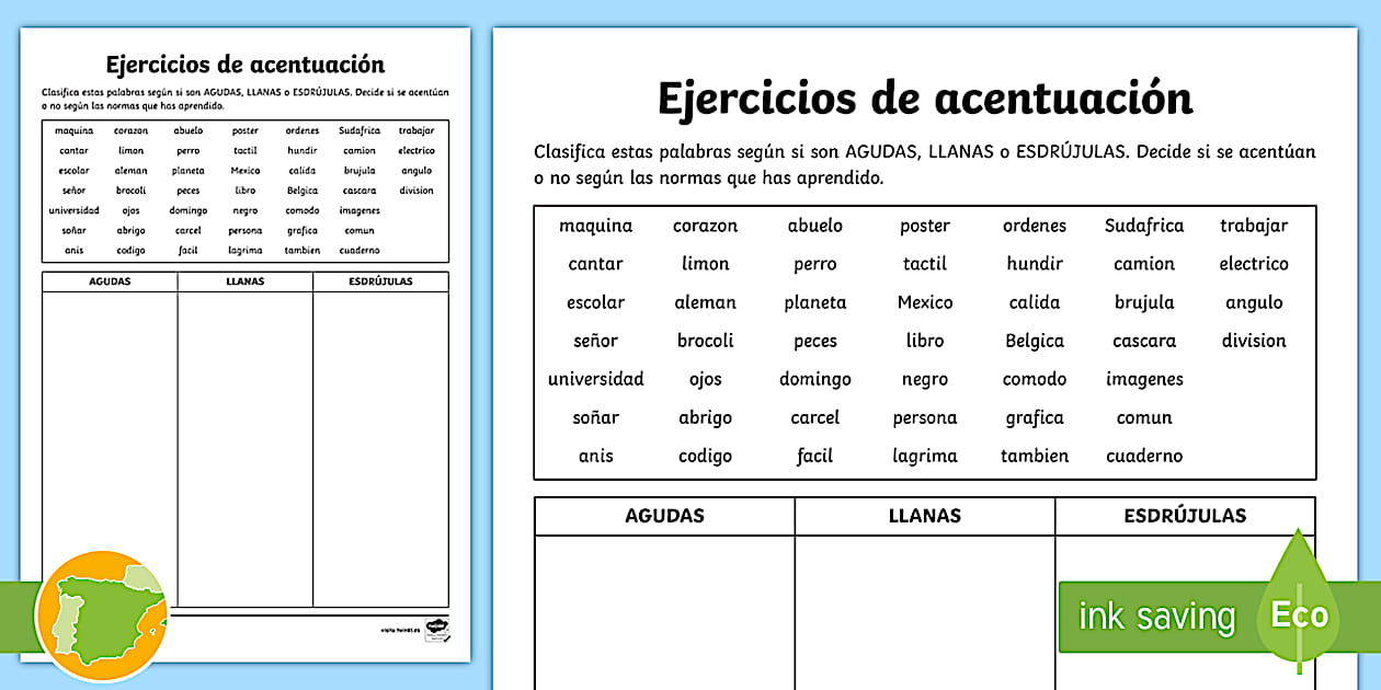 Ejercicio de acentuación - práctica - Twinkl