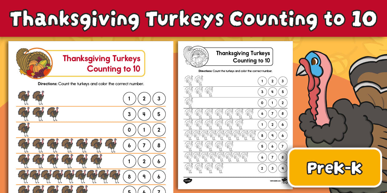 Thanksgiving Turkeys Counting to 10 Worksheet for PreK-K