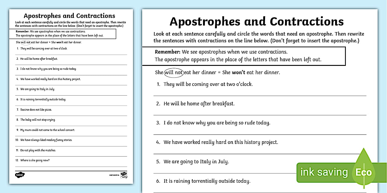 Apostrophe and Contractions Work Sheet (teacher made)