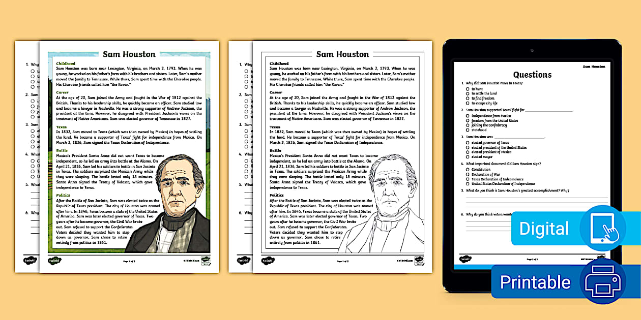 Fourth Grade Sam Houston Reading Comprehension Worksheet